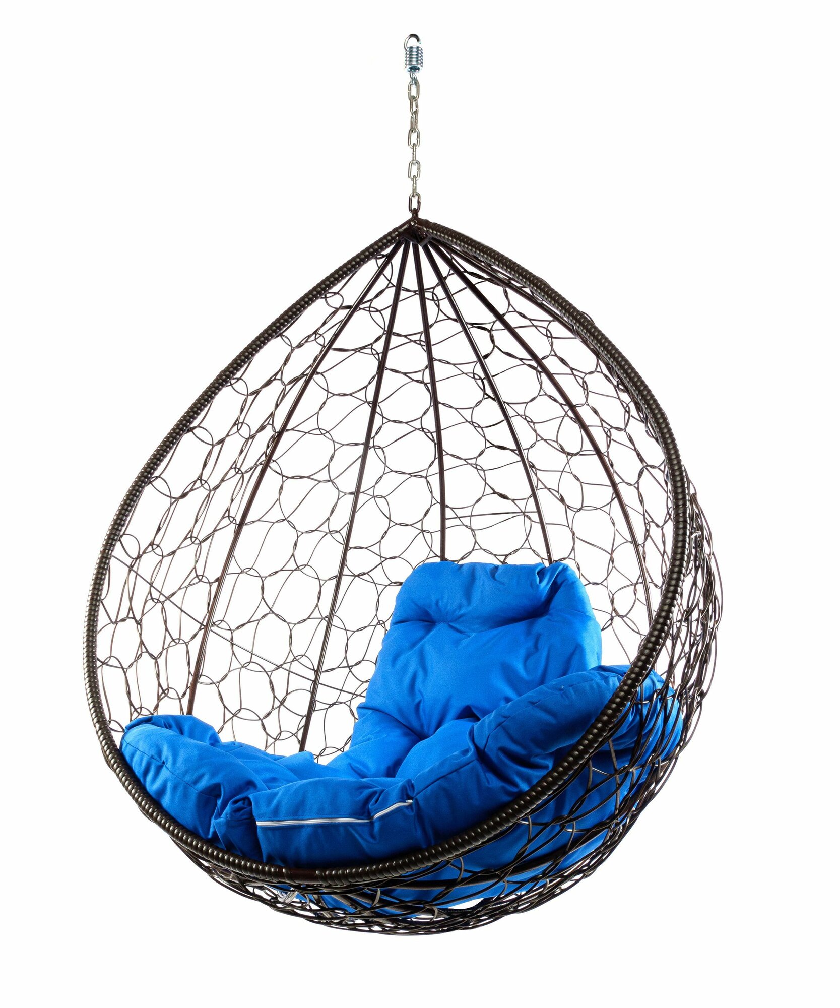 Подвесное кресло капля (без стойки), с ротангом коричневое, синяя подушка