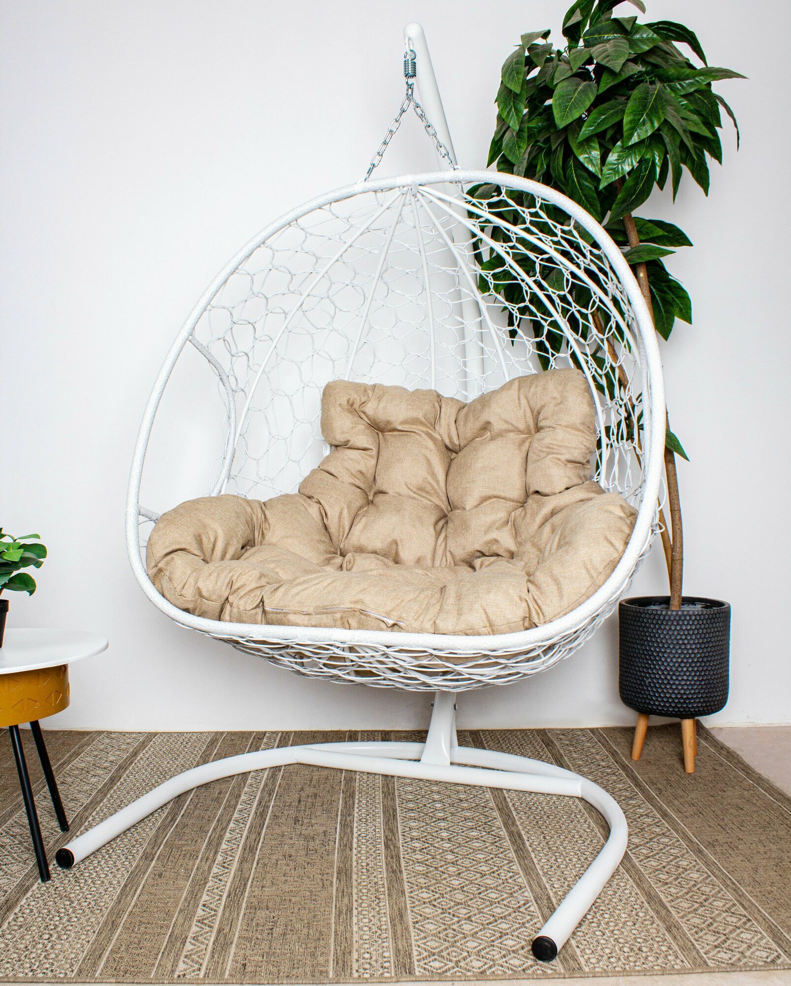 Подвесное кресло HOME для двоих белое, подушка лён