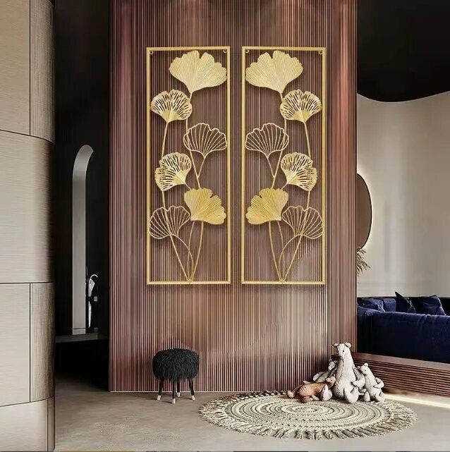 Панно на стену из металла 30*85см, Декор для дома золотая билоба 2 шт G