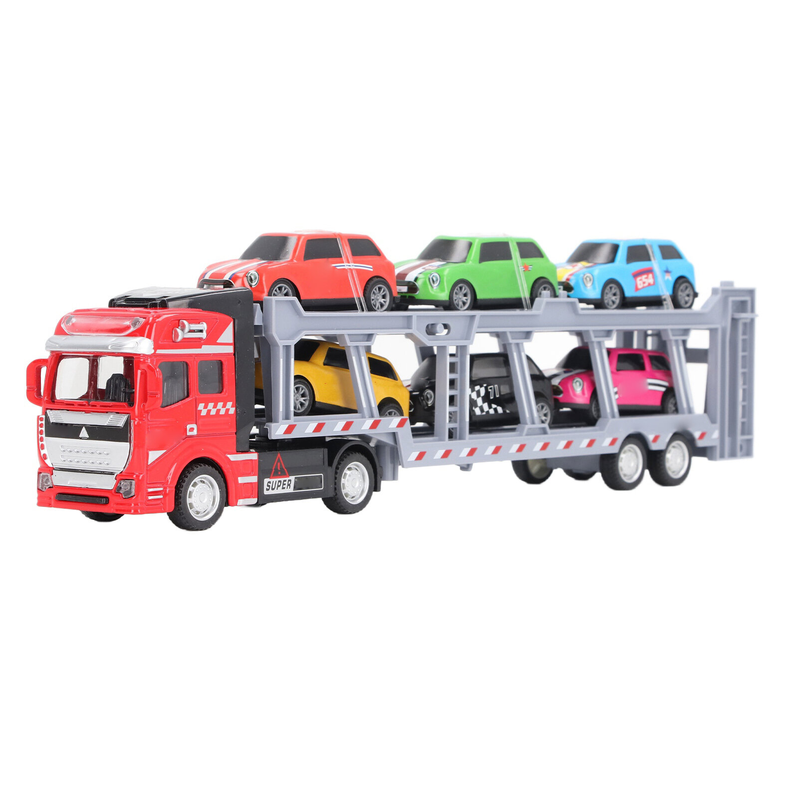 Игрушечный грузовик-автовоз с 6 маленькими машинками для детей, инерционный, съемный, интерактивный, красный.