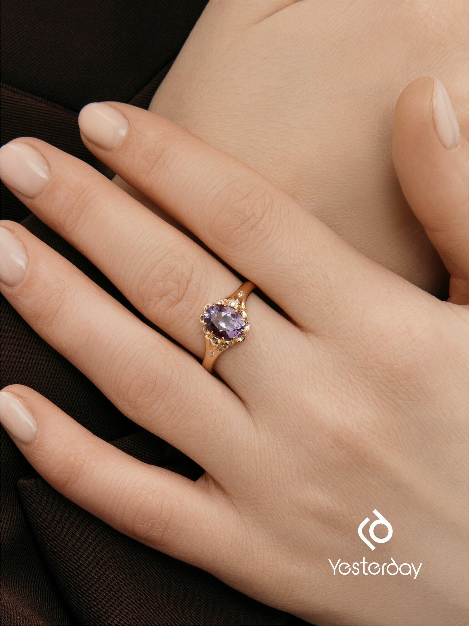 Кольцо, красное золото, 585 проба, аметист, фианит