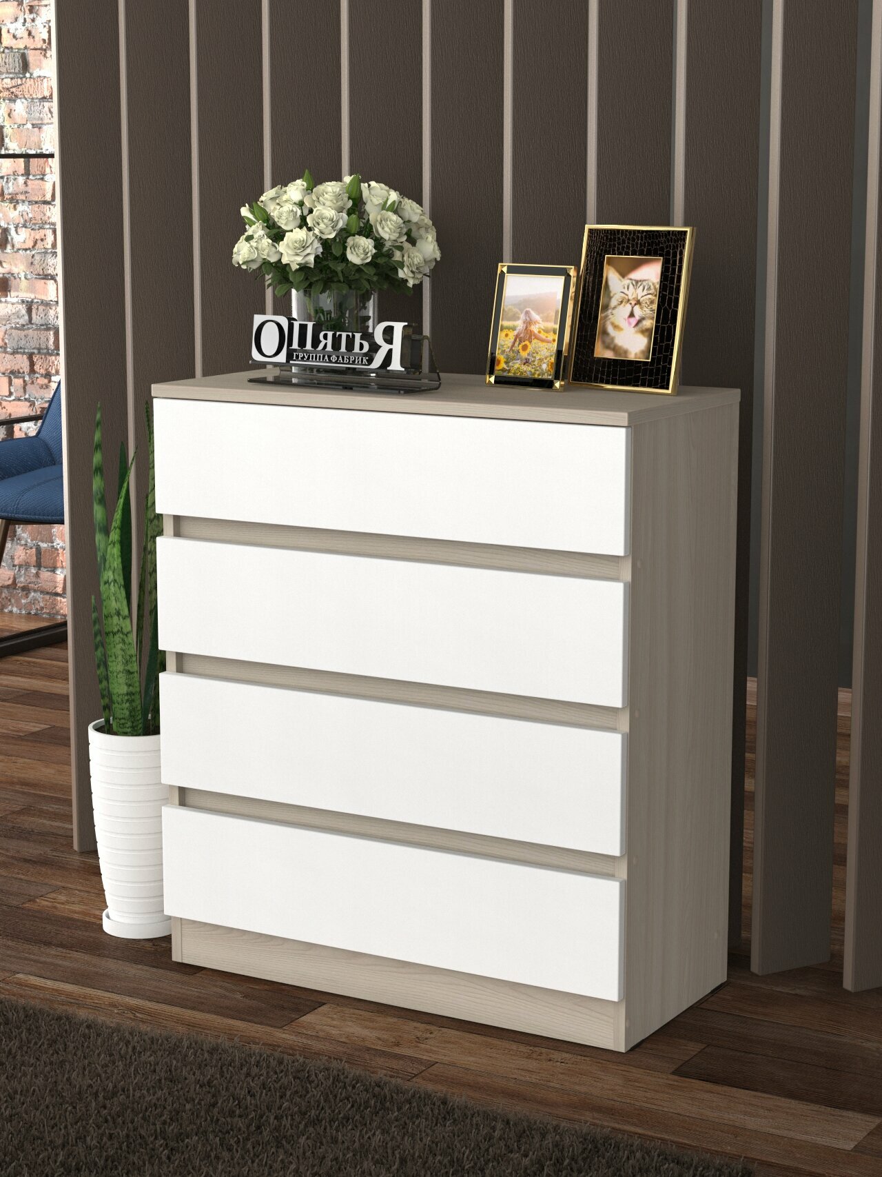 Комод с ящиками узкий №12 ЯШС/белый из ЛДСП для хранения вещей без ручек
