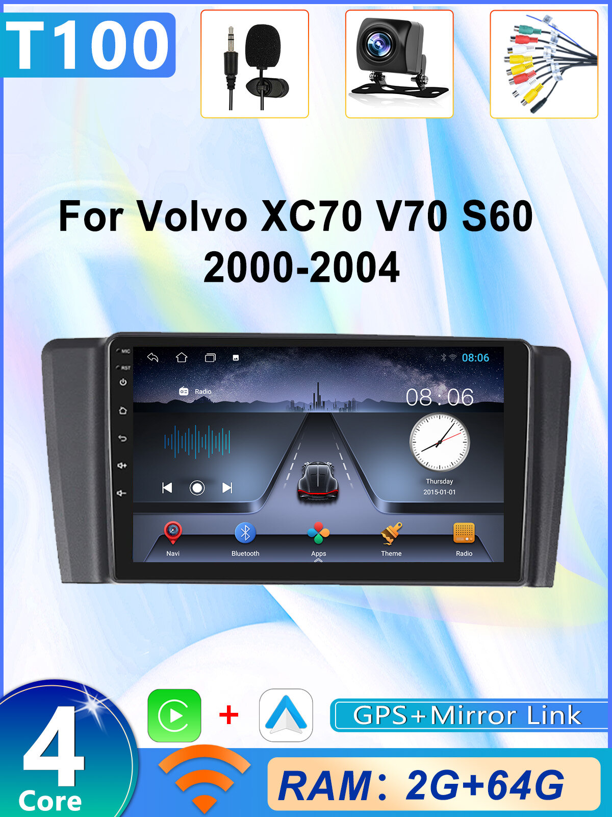 Автомагнитола Android подходит для Volvo XC70 V70 S60 2000-2004, Bluetooth Wi-Fi Сенсорные кнопки , Серебристый CARPLAY IPS