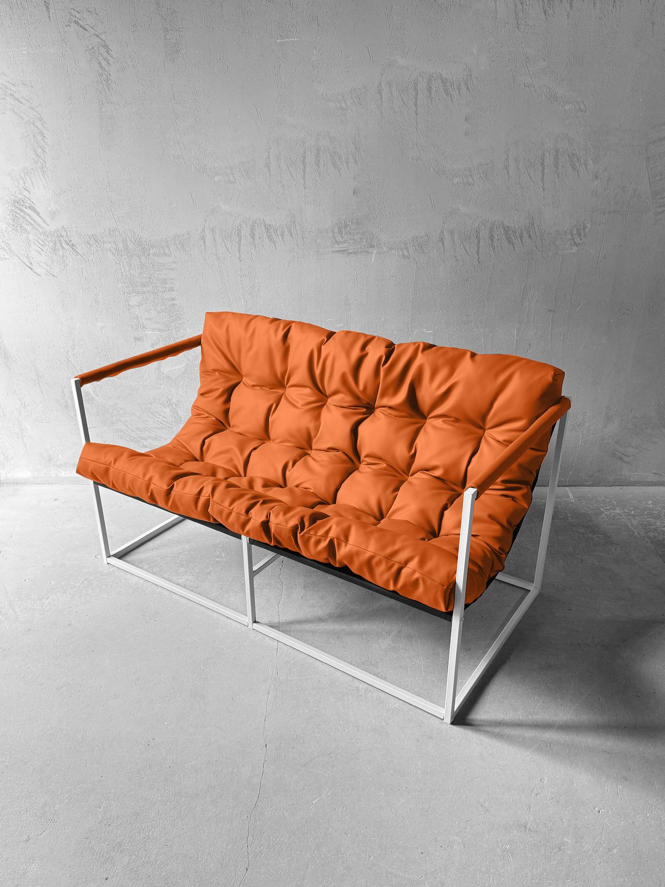 Диван лофт прямой, уличный, в офис, на балкон, на веранду, в гостинную, кухонный, Лофтовик ++ кожзам оранжевый, белый каркас, подлокотник мягкий кожзам