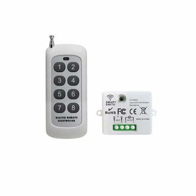 Радиоуправляемое реле 220В 10А 433МГц. Радиореле для лампы, ворот, шлагбаумовмный дом. Дистанционный выключатель. Беспроводной переключатель. + 1 шт.8-клавишный пульт