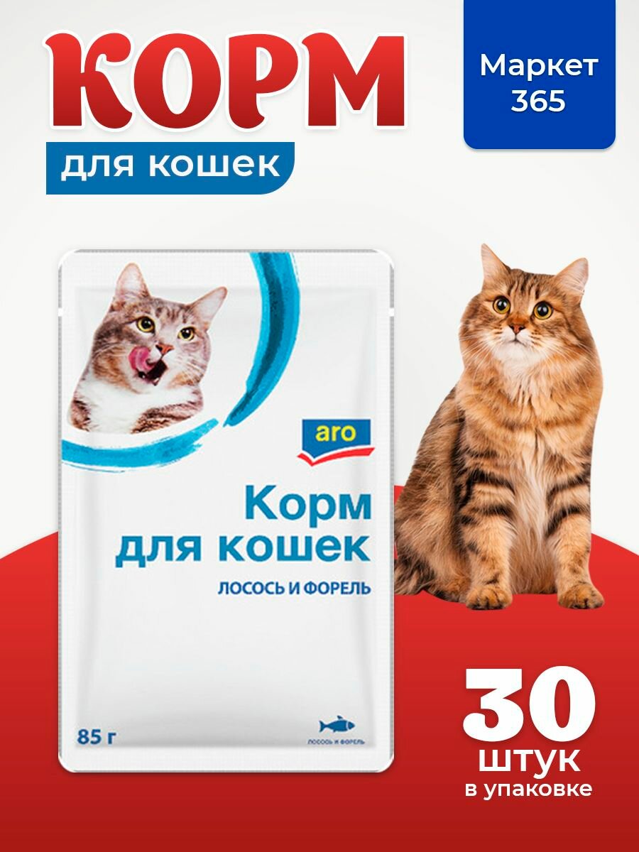 Корм для кошек Aro лосось и форель влажный в соусе, (85г х 30 пакетиков)