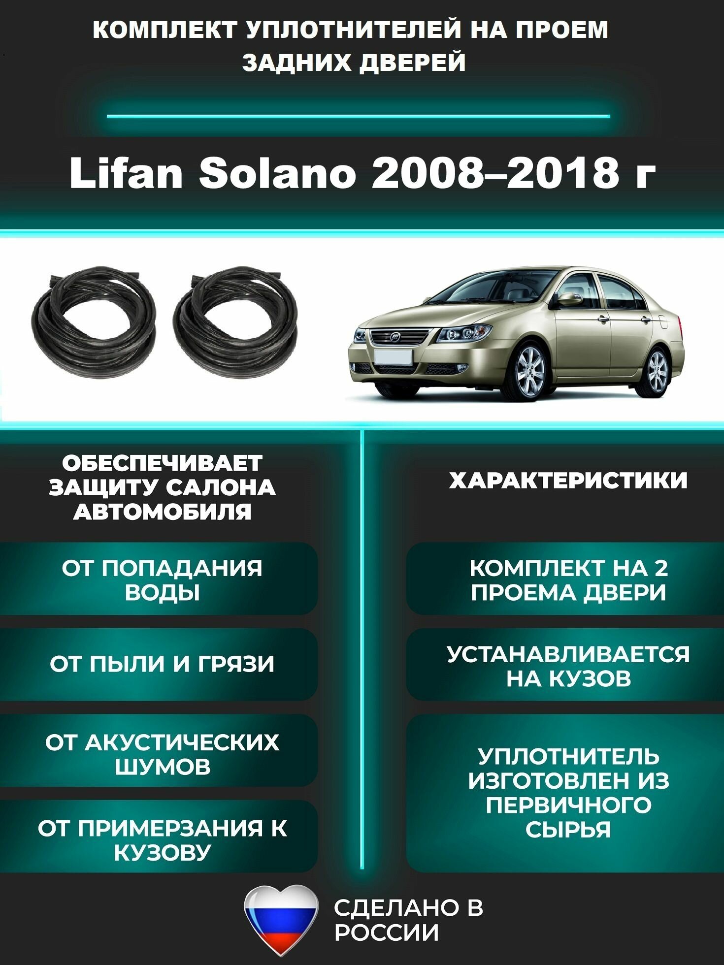Комплект уплотнителей проема задних дверей подходят на Lifan Solano 620/630/650 2008-2018 г./ Лифан Солано - 2 шт