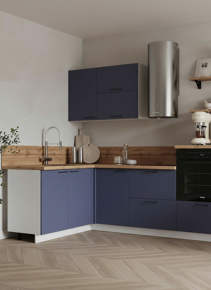 ARNIKA Кухонный гарнитур со столешницей "Дакия" угловой 1,5м*2,25м (без пм) , цвет ежевика (синий), фасад пленка ПВХ