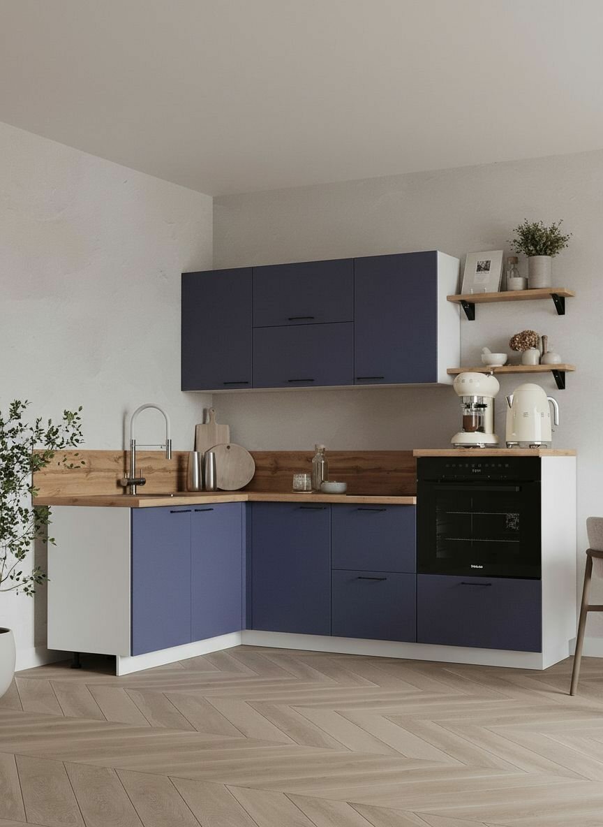 ARNIKA Кухонный гарнитур со столешницей "Дакия" угловой 1,5м*2,1м (без пм) , цвет ежевика (синий), фасад пленка ПВХ