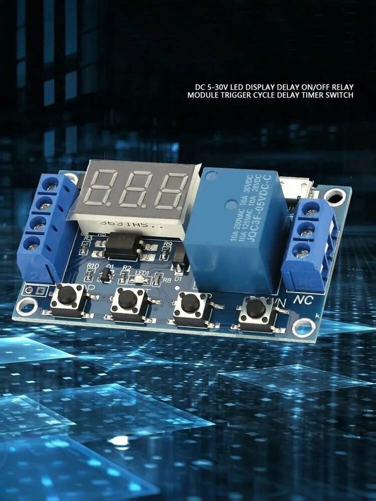 Модуль реле с задержкой DC 5-30V: дисплей LED, регулировка 0.1с-999мин, защита от обратной полярности, режим сна, 5A/30V, размер 6.23.81.7см