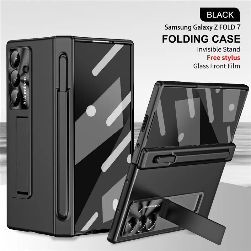 Черный чехол для Samsung Galaxy Z Fold 7 со складным кронштейном и стилусом