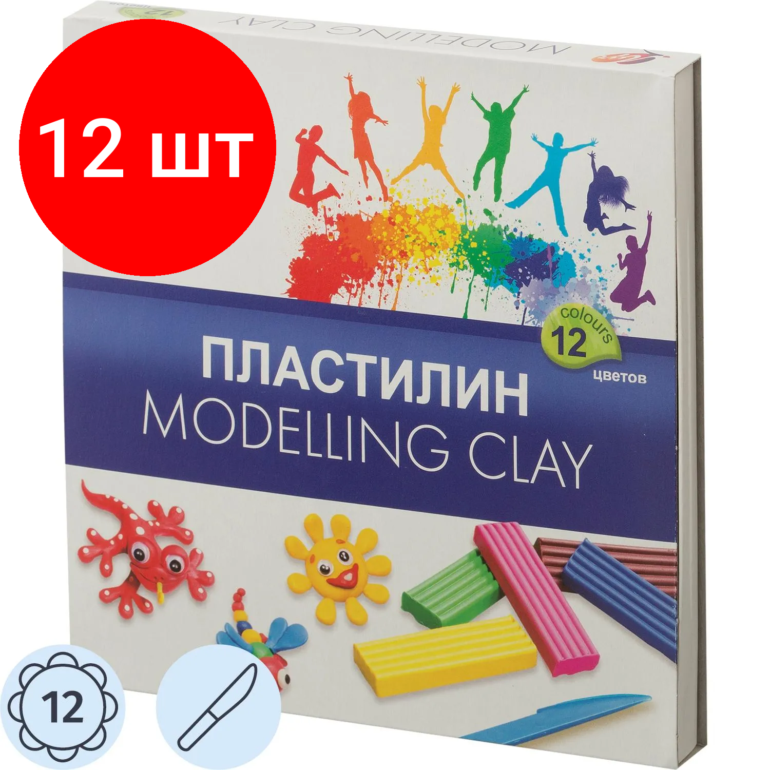 Комплект 12 упаковок, Пластилин классический Луч Классика 12 цв 240 г со стеком