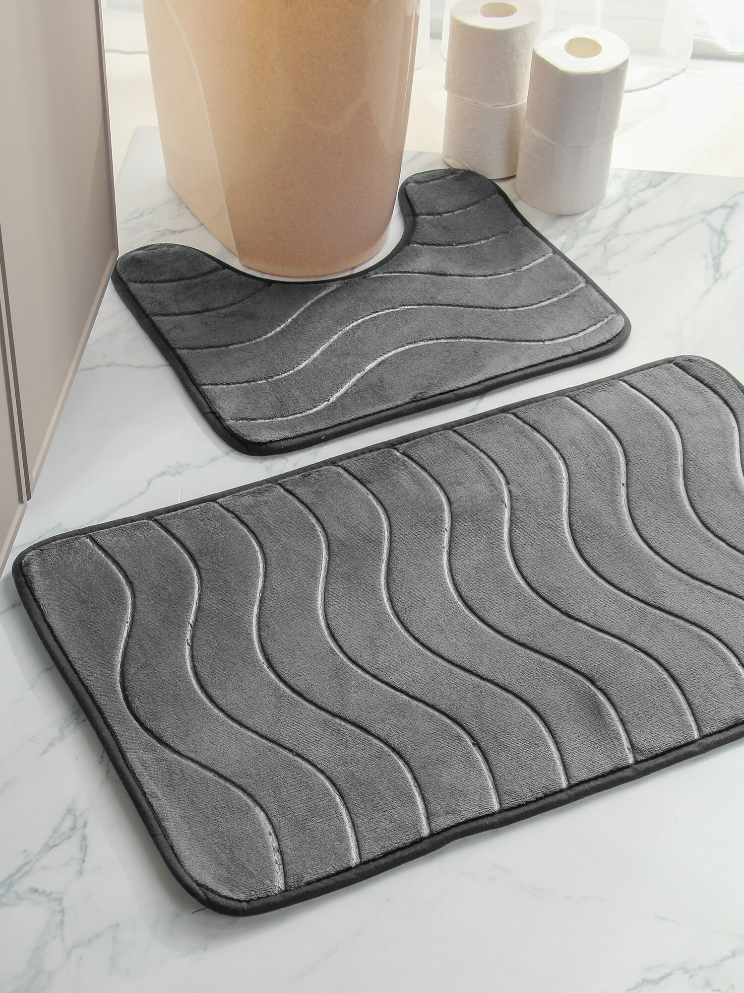 Комплект ковриков для ванной комнаты и туалета, 2 штуки, серый велюр, тиснение полоски, 50х80 см и 40х50 см, Y4-9968