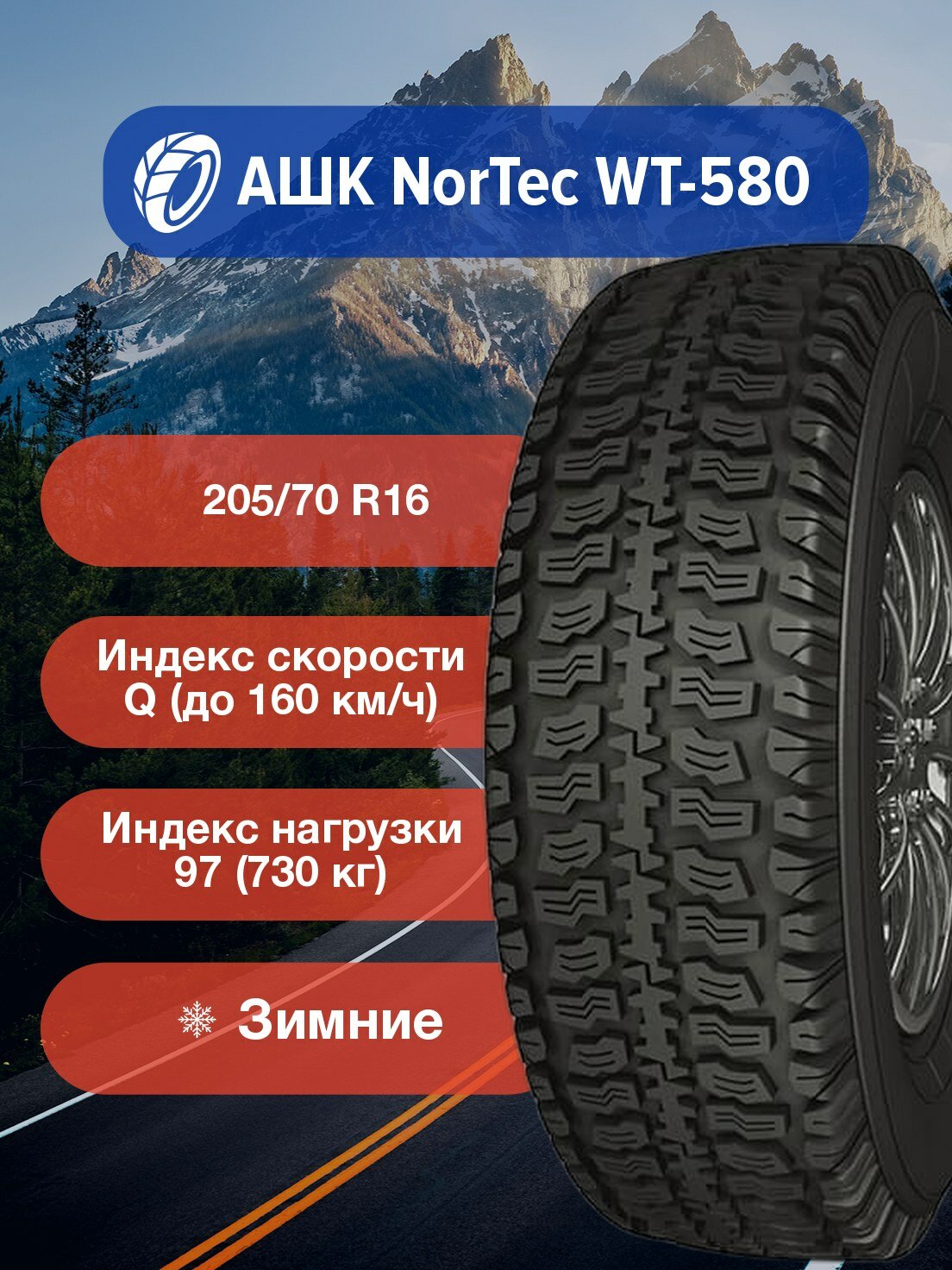 Легковые Зимние Шины АШК NortTec WT-580 205/70 R16 97Q ТТ-Х0000029737 для легковых автомобилей и кроссоверов