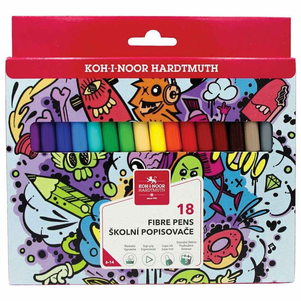 Фломастеры KOH-I-NOOR "TEENAGE" 1002, 18 цветов, смываемые, картонная упаковка, европодвес, 771002AH23KS, 152613