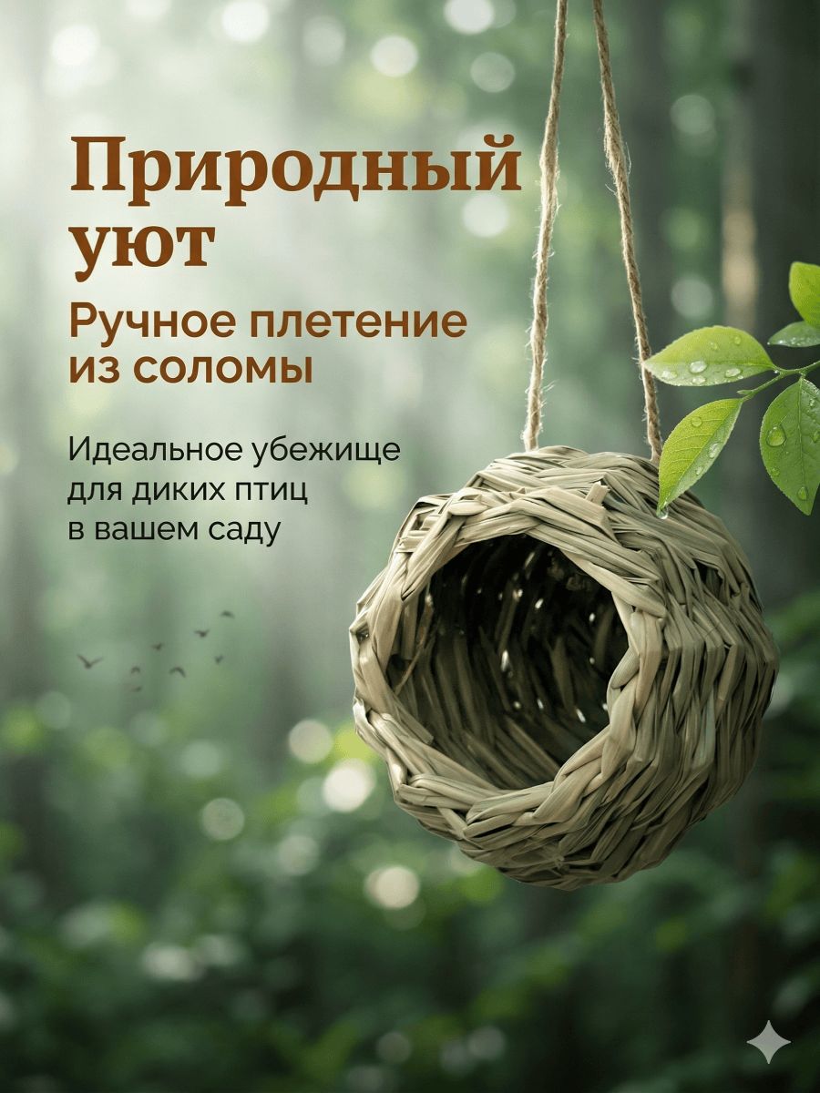 Гнездо для птиц из натуральной соломы плетеное вешающее шарообразное, для сада и балкона, подходит диким и домашним пернатым