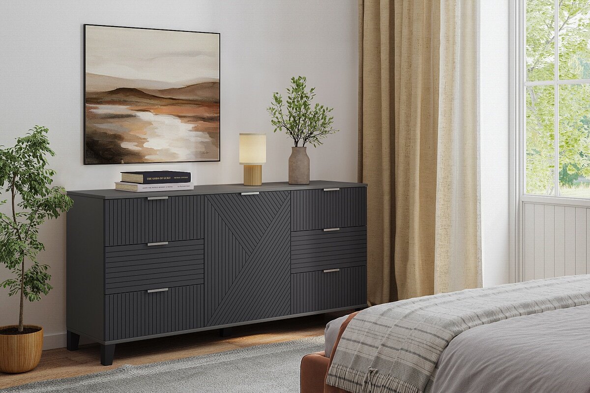 Комод МебельЛэнд24 Марвин 33 фрезеровка 8+11 Графит 150x40x70 серый однодверный с 6 ящиками