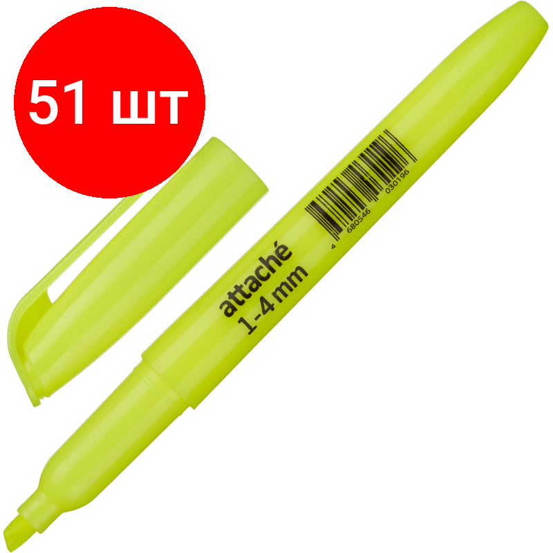 Комплект 51 штук, Маркер текстовыделитель желтый 1-3.9мм Attache