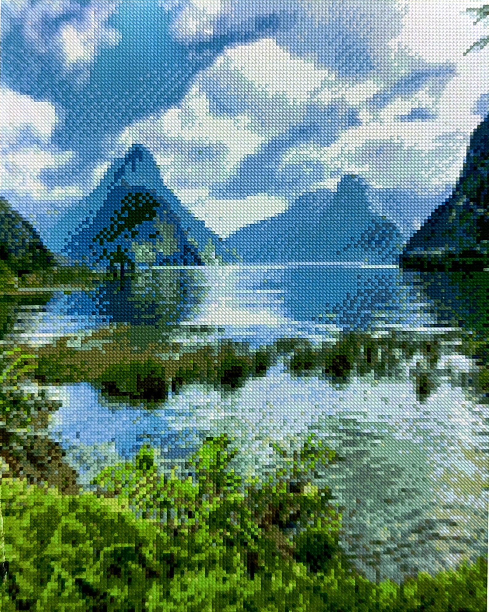 Алмазная мозаика "Зимний горный пейзаж" 40/50 утес и лес у реки , озеро, горы, зима, грот, снег