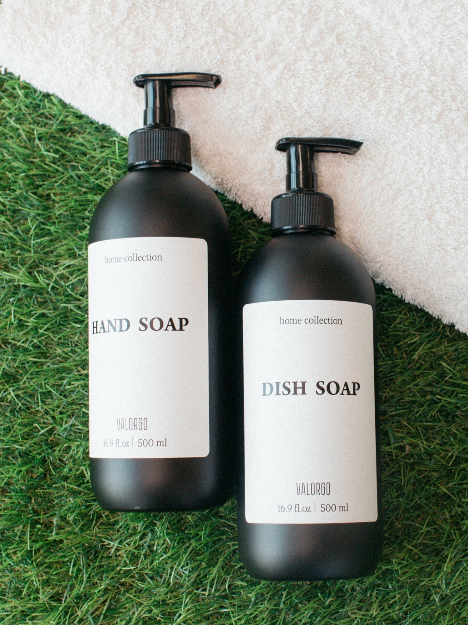 Набор черных флаконов с дозатором для кухни VALORGO, 2 штуки по 500 мл, белая этикетка, надписи на английском языке