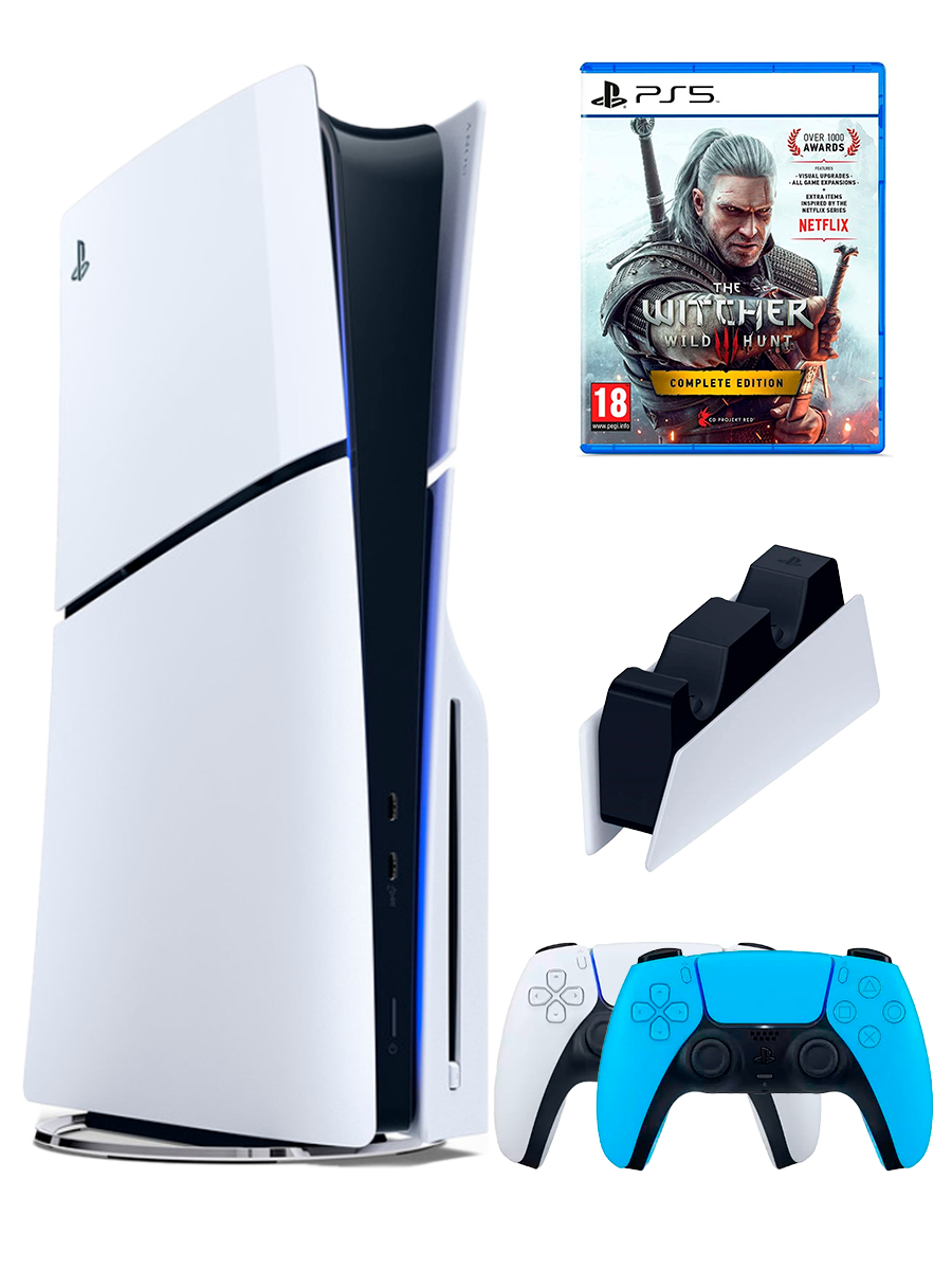 PS5 (ПС5) Игровая приставка Sony PlayStation 5 Slim disc + 2-й геймпад(голубой) + зарядное + игра Witcher3: Wild Hunt