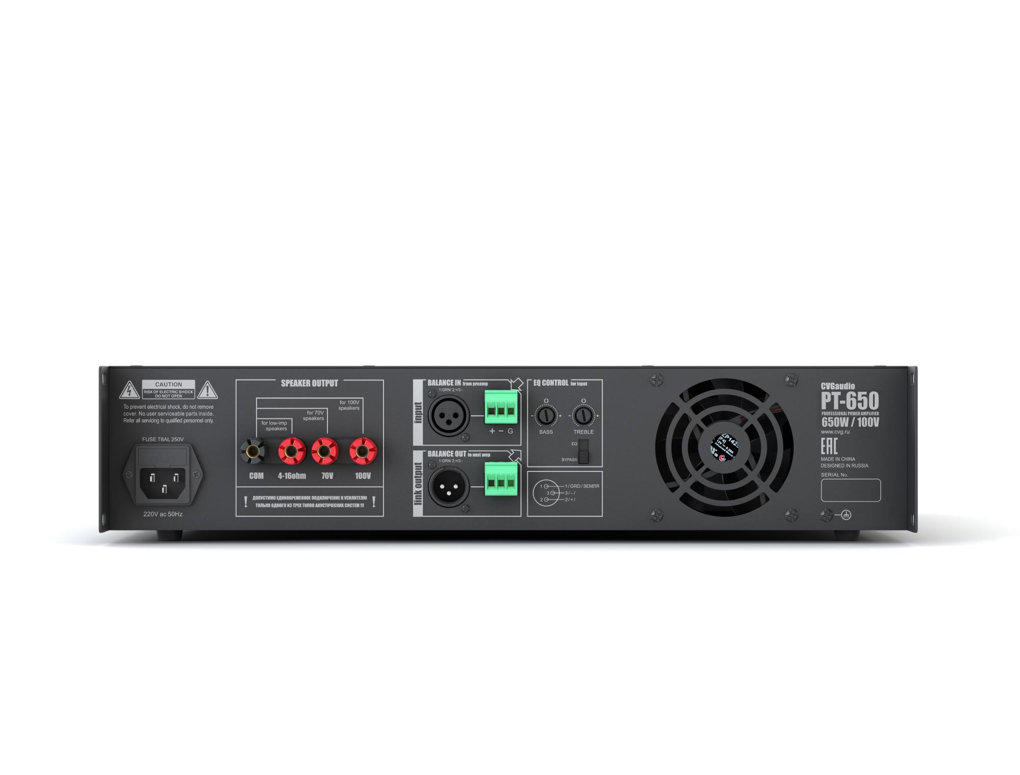 CVGAUDIO PT-650 - Профессиональный высококачественный усилитель мощности для систем трансляции музыки и речевого оповещения, 650W/100V, балансный XLR/Euro Block вход, линкующий XLR /Euro Block балансный выход, 2U.