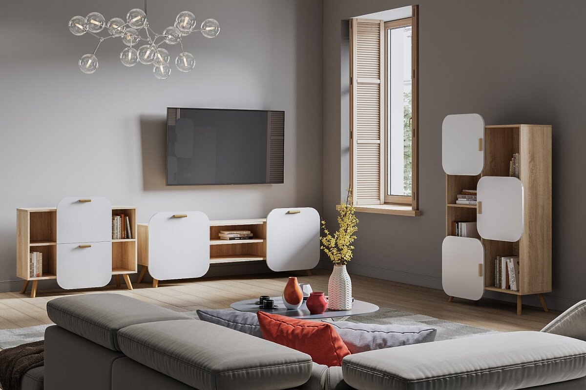 Гостиная МебельЛэнд24 Модерн+2 342x35x160 с тумбой с комодом со стеллажом