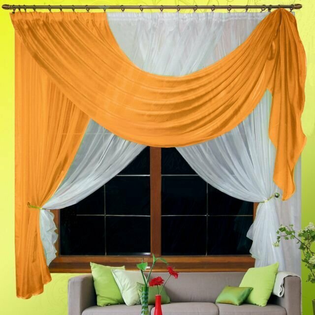 Кухонные шторы из цветного тюля и белого тюля на одной ленте под крючки ЖА-453 цвет оранжевый