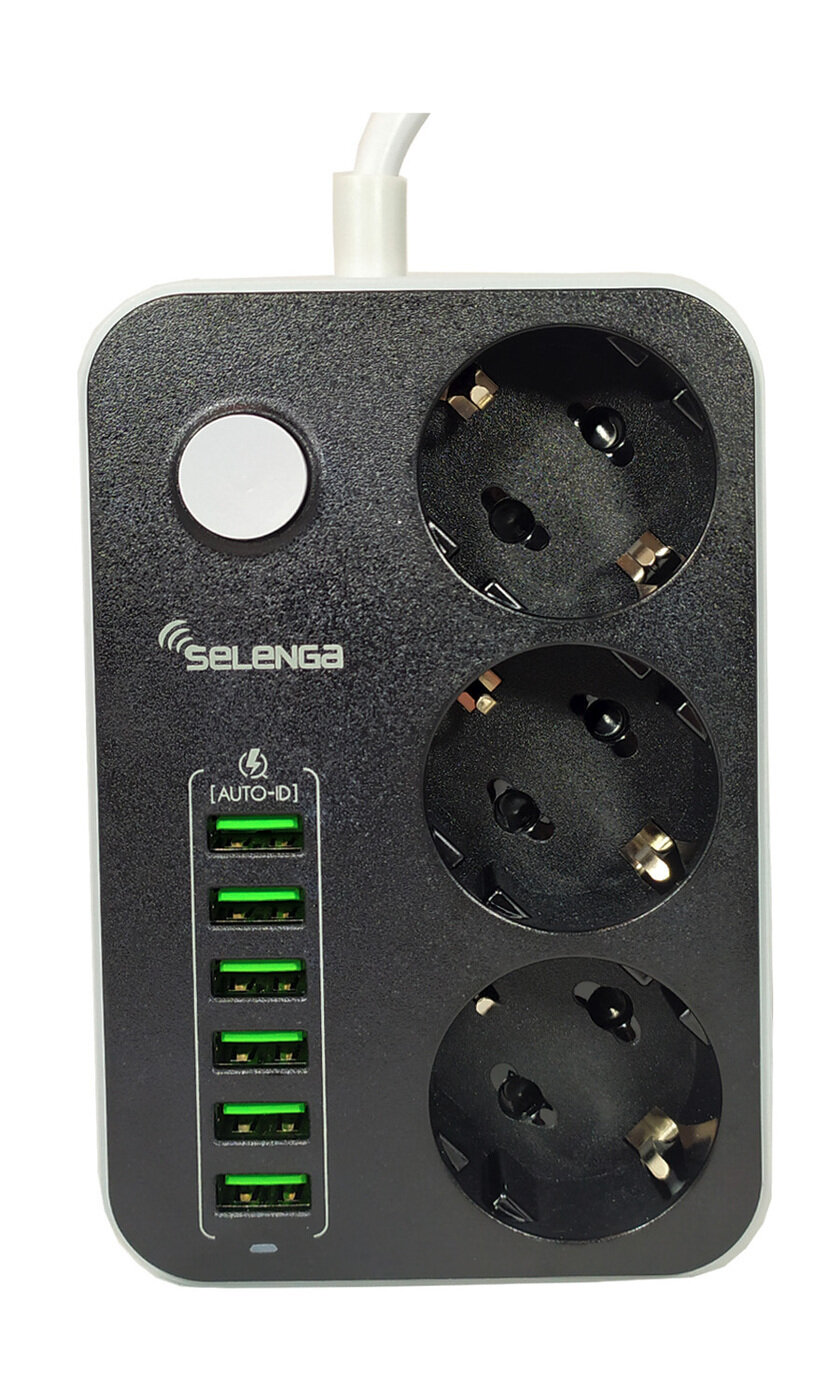 Сетевой фильтр (удлинитель) SELENGA PS306, 3 розетки, 6 USB разъемов, черный