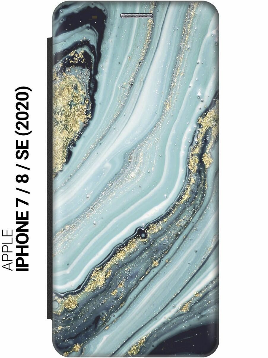 Чехол-книжка на Apple iPhone SE (2022) / SE (2020) / 8 / 7 / Эпл Айфон СЕ 2022 / СЕ 2020 / 8 / 7 с рисунком "Зеленый мрамор" черный