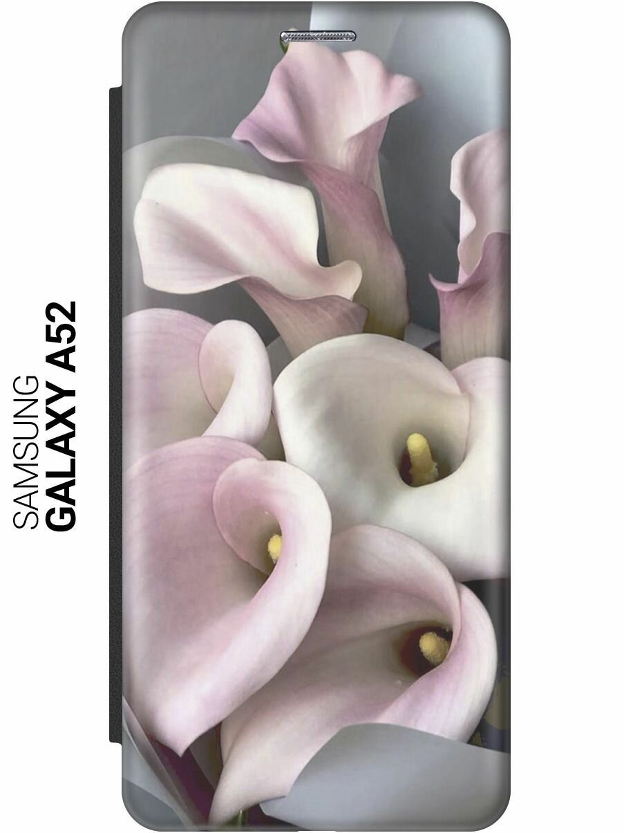 Чехол-книжка на Samsung Galaxy A52, Самсунг А52 с 3D принтом "Розовые каллы" черный