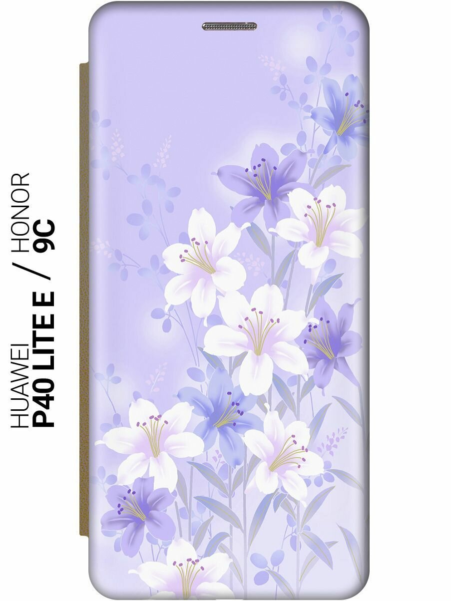 Чехол-книжка на Honor 9C, Huawei P40 Lite E, Хуавей П40 Лайт Е, Хонор 9С с 3D принтом "Лилии на фиолетовом" золотой