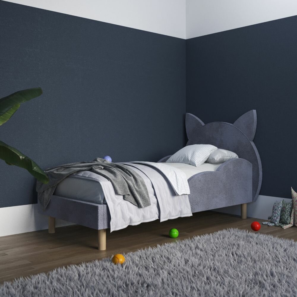 Детская кровать мягкая с ушками и бортиками 70x190 Китти цвет Серый