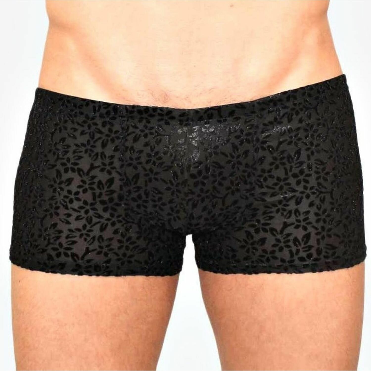 Мужские полупрозрачные трусы-боксеры с флокированным цветочным рисунком. Цвет - черный. Производитель - Romeo Rossi