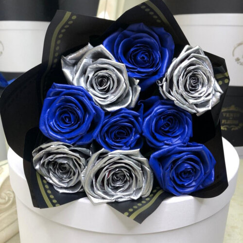 Монобукет Venus in Fleurs, розы, 9 шт, уникальный дизайн, серебристо-синие