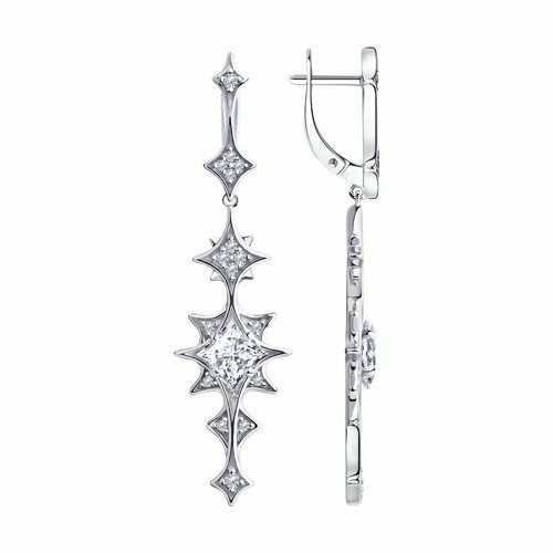 Серьги с подвесками, серебро, 925 проба, родирование, фианит