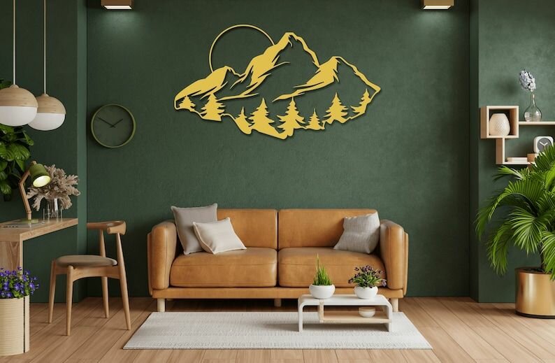 Декоративное панно деревянное, Горы в лесу (матовое золото)