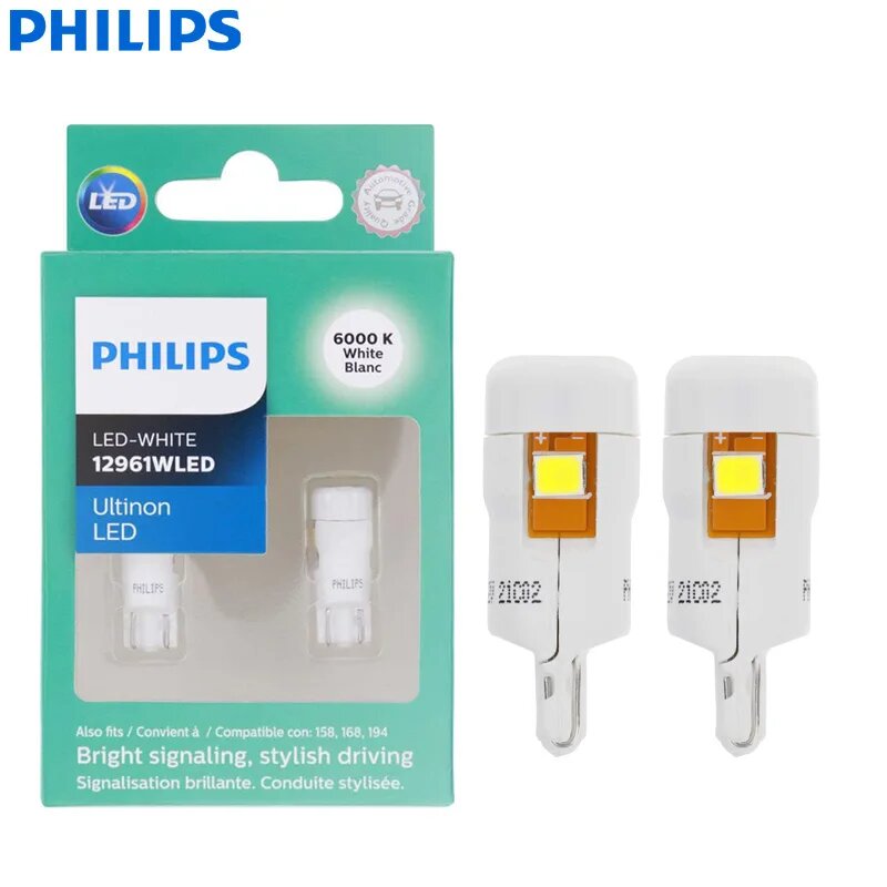 Светодиодная Лампа Philips Ultinon LED T10 W5W 194 6000K, Ярко-белая, Для Чтения, Освещения Дверных Проемов, Салона