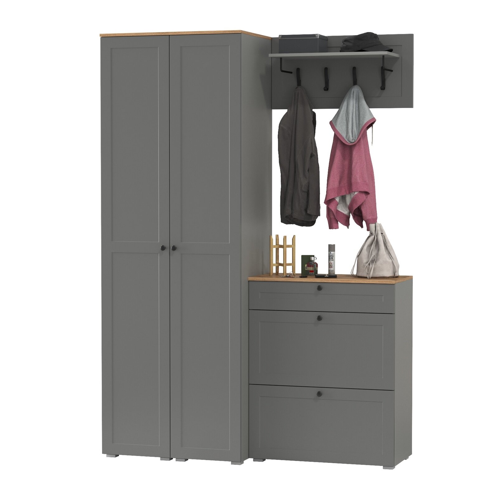 Два шкаф-пенала с полками и обувница с вешалкой для верхней одежды Остин цвет серый графит/дуб крафт золотой