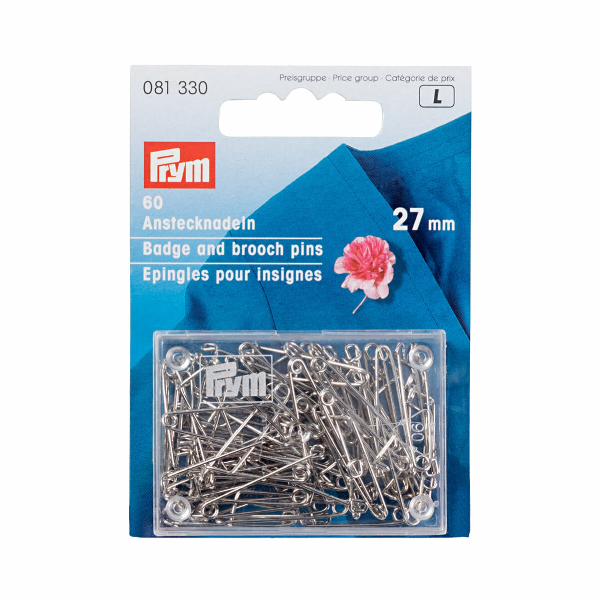 Булавки для значков, медалей, бантов, брошек, Prym, 27 мм, открываются вправо, серебристые, 60 шт