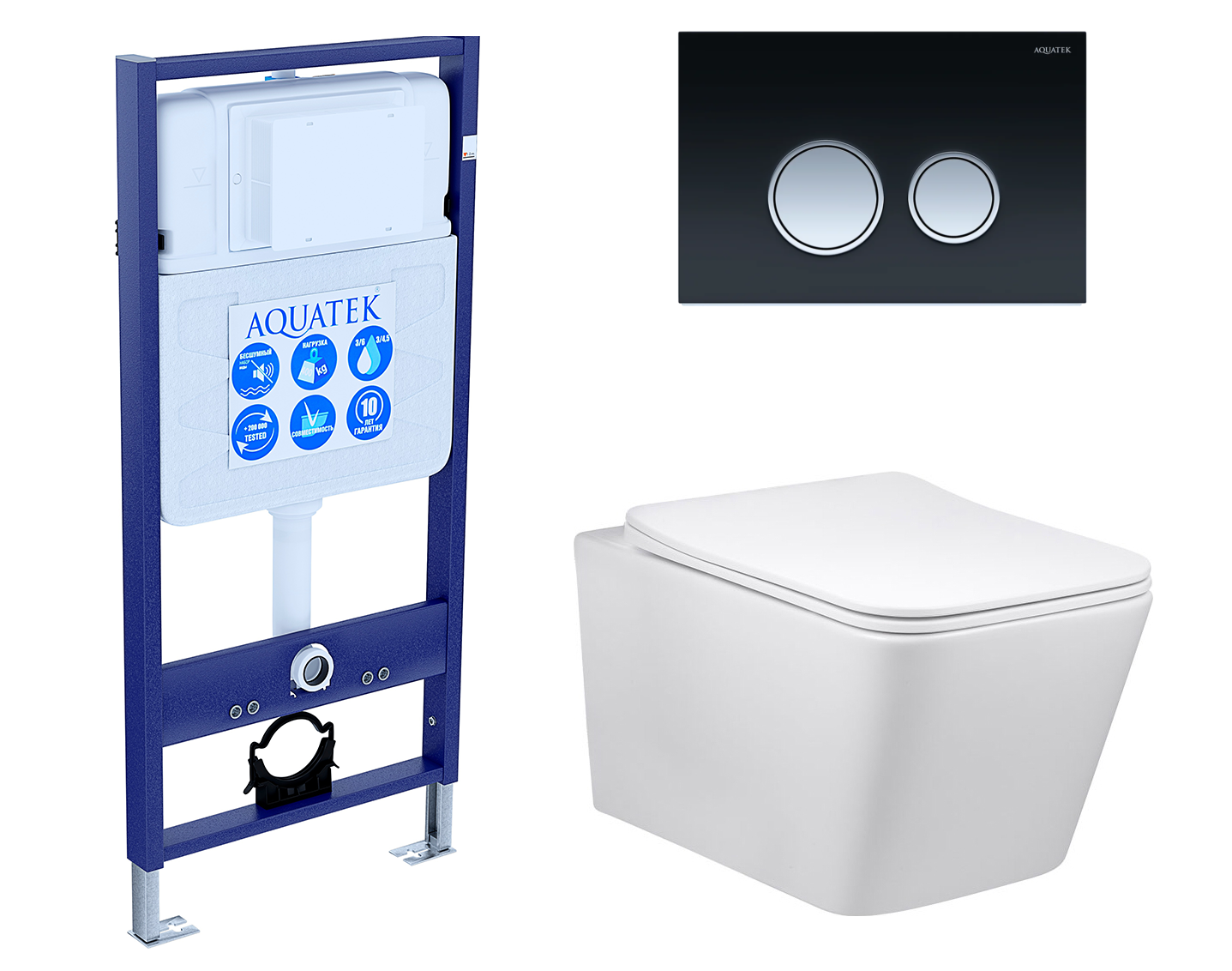 Комплект 3 в 1 инсталляция Акватек Standart 50 + Унитаз Vincea Q-Line VT1-12 с кнопкой черной хром INS-0000012 + VT1-12 + KDI-0000029