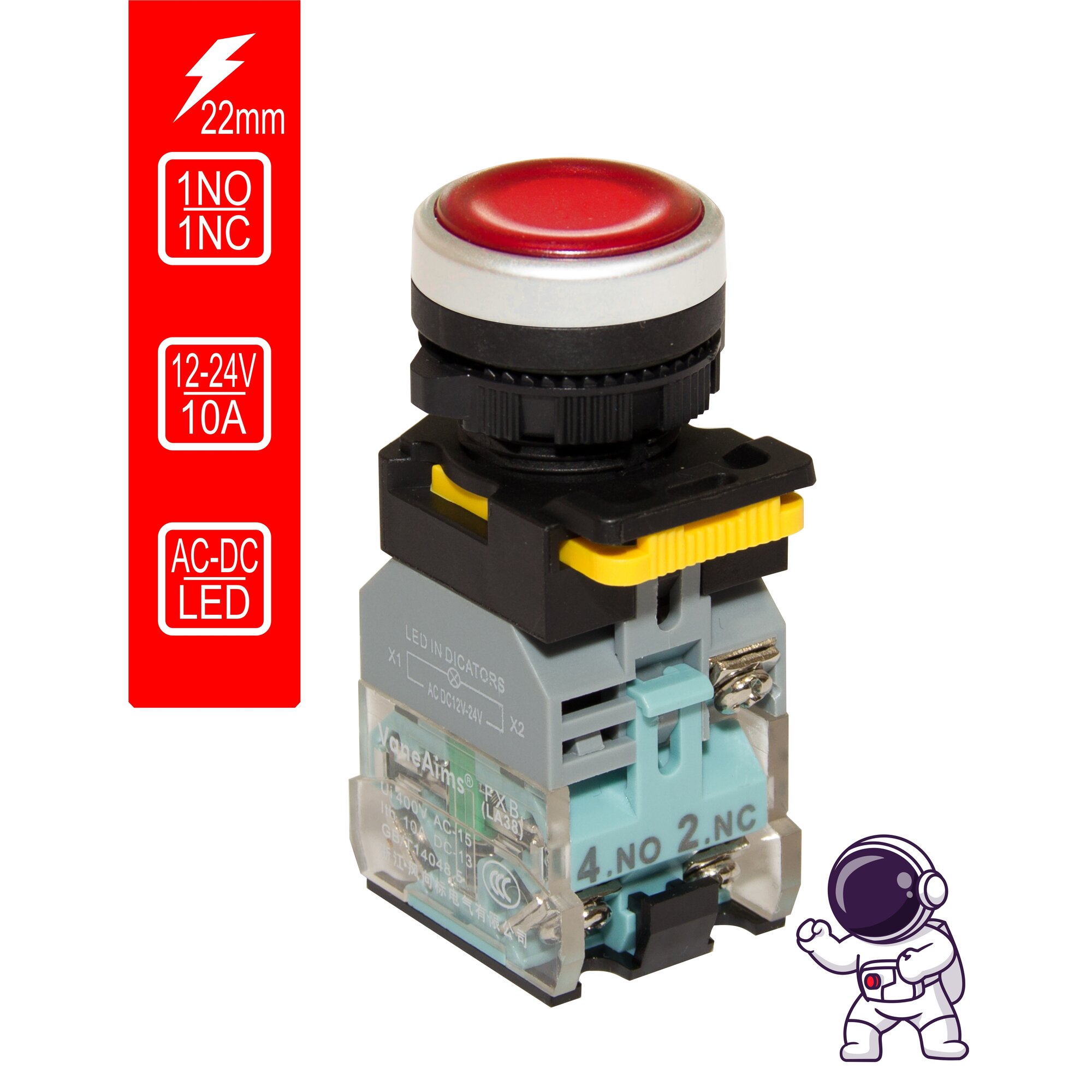 Кнопка без фиксации с подсветкой красная LA38 (1NO 1NC) 12В-24В AC/DC