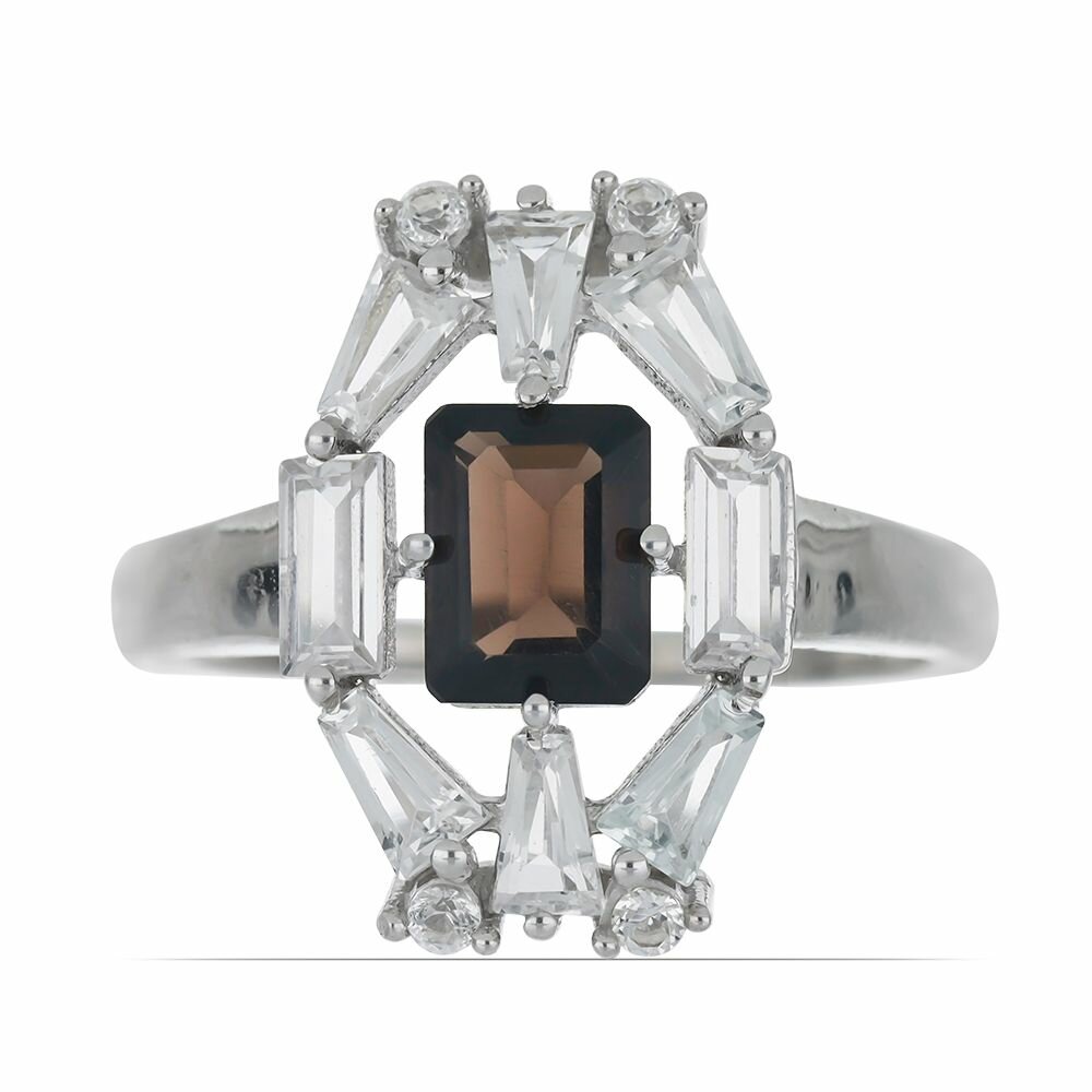 Кольцо тонкое, серебро, 925 проба, родирование, кварц, фианит, топаз