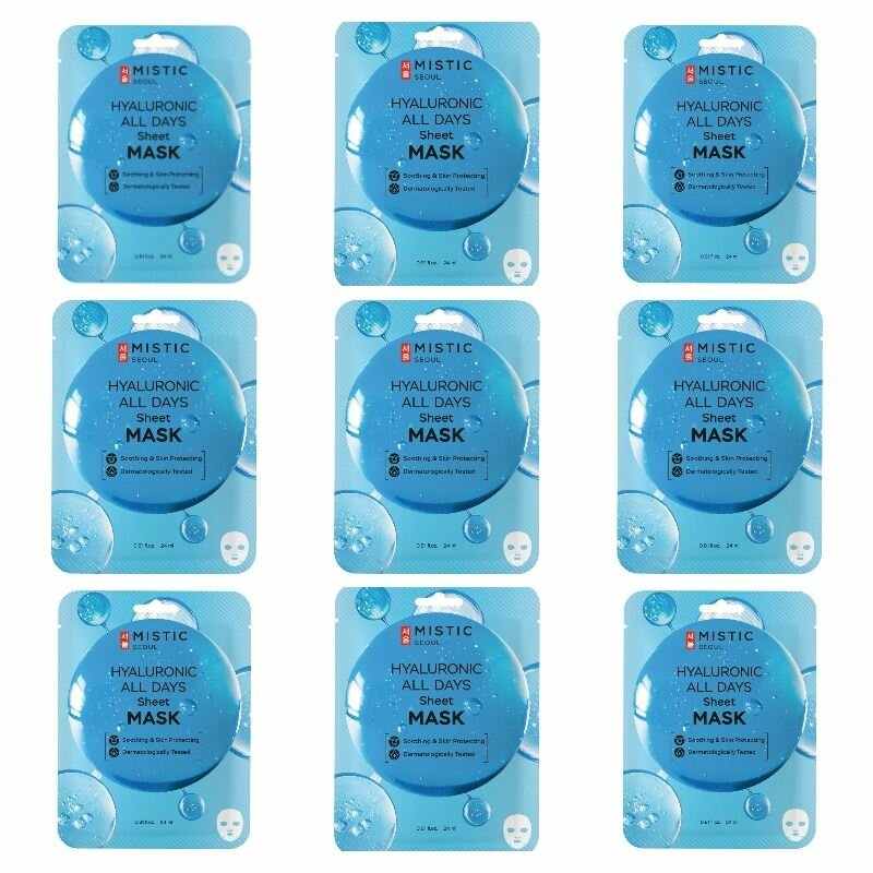 MISTIC Маска для лица тканевая Hyaluronic All Days Sheet Mask, с гиалуроновой кислотой, 24 мл, 9 шт