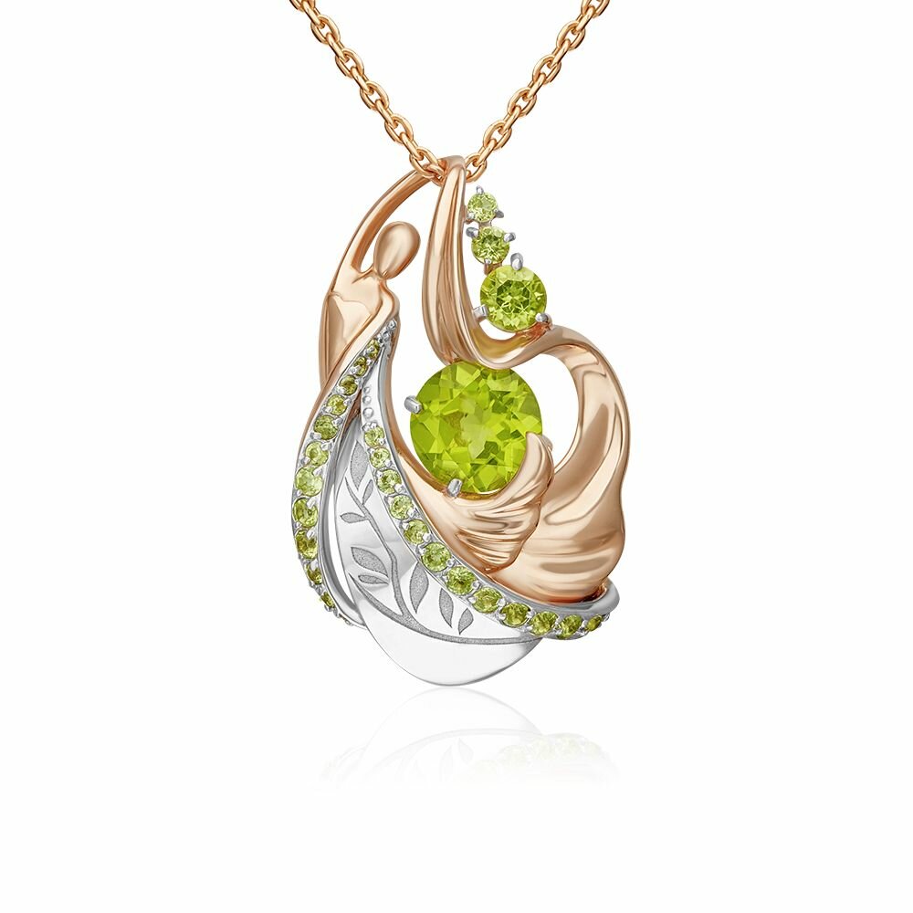 Подвеска, комбинированное золото, 585 проба, родирование, хризолит