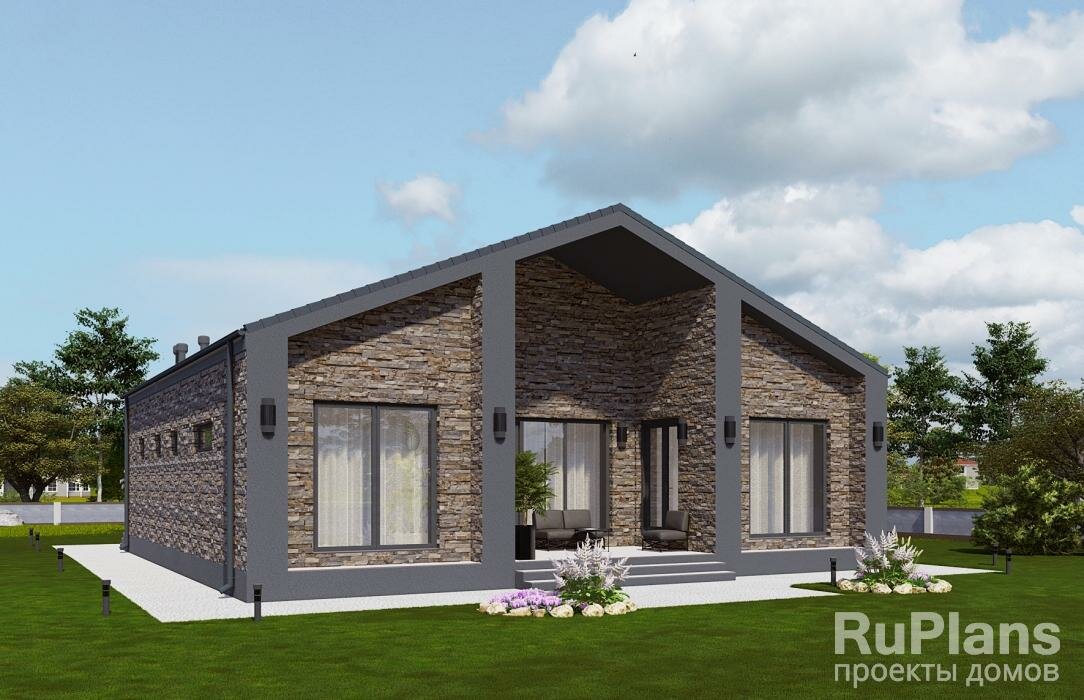 Одноэтажный дом с кабинетом, террасой и облицовкой фиброцементными панелями (116 м2, 14м x 13м) Rg6244