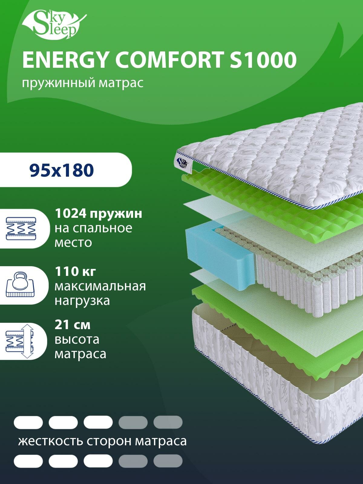Матрас 95x180 см анатомический пружинный SkySleep ENERGY COMFORT S1000, жесткости выше средней, для односпальной кровати, с массажным эффектом