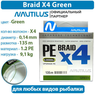 Шнур Nautilus Braid X4 Green d-0.14 9.1кг 1.2PE 135м