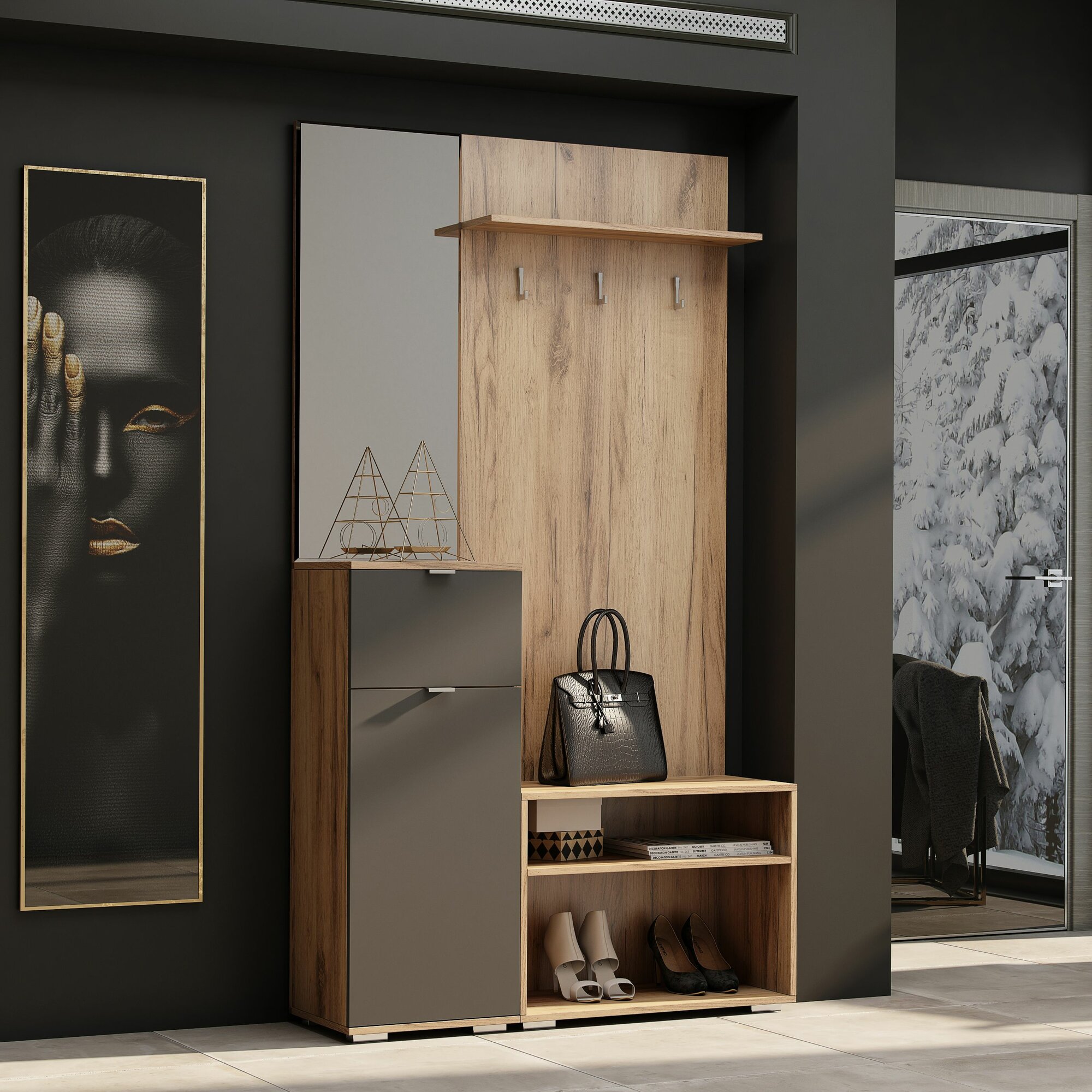 Прихожая Ева от Elna Мебель, с зеркалом, обувницей и ящиком, 110x35x200 см. цвет Дуб крафт золотой/Серый графит