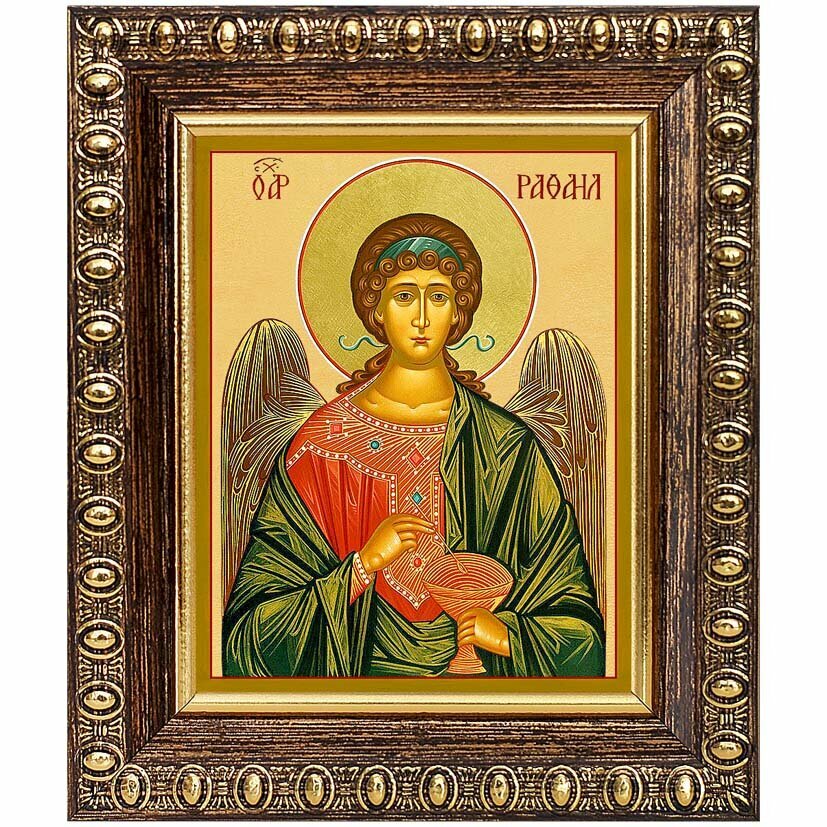 Архангел Рафаил поясной, икона в темной пластиковой рамке 8,5*10 см